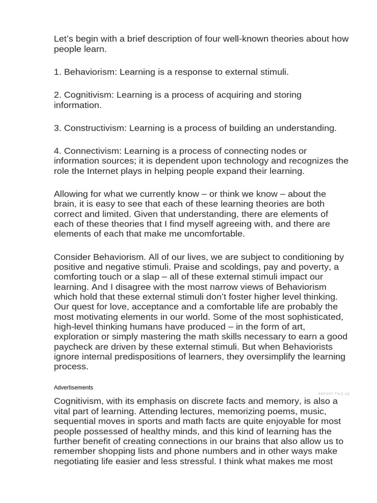 The 4 Learning theories | PDF | Learning | Constructivism (Philosophy ...