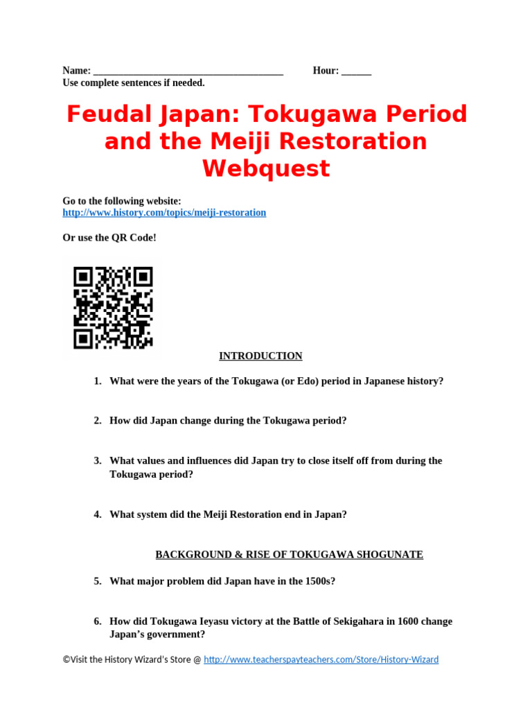 Feudal Japan Tokugawa Period and The Meiji Restoration Webquest | PDF ...