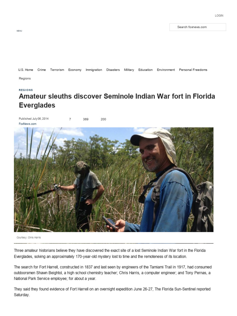 Amateur Sleuths Discover Seminole Indian War Fort in Florida Everglades ...