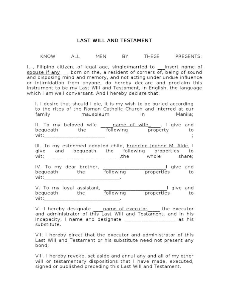 Last Will and Testament Sample | Will And Testament | Inheritance