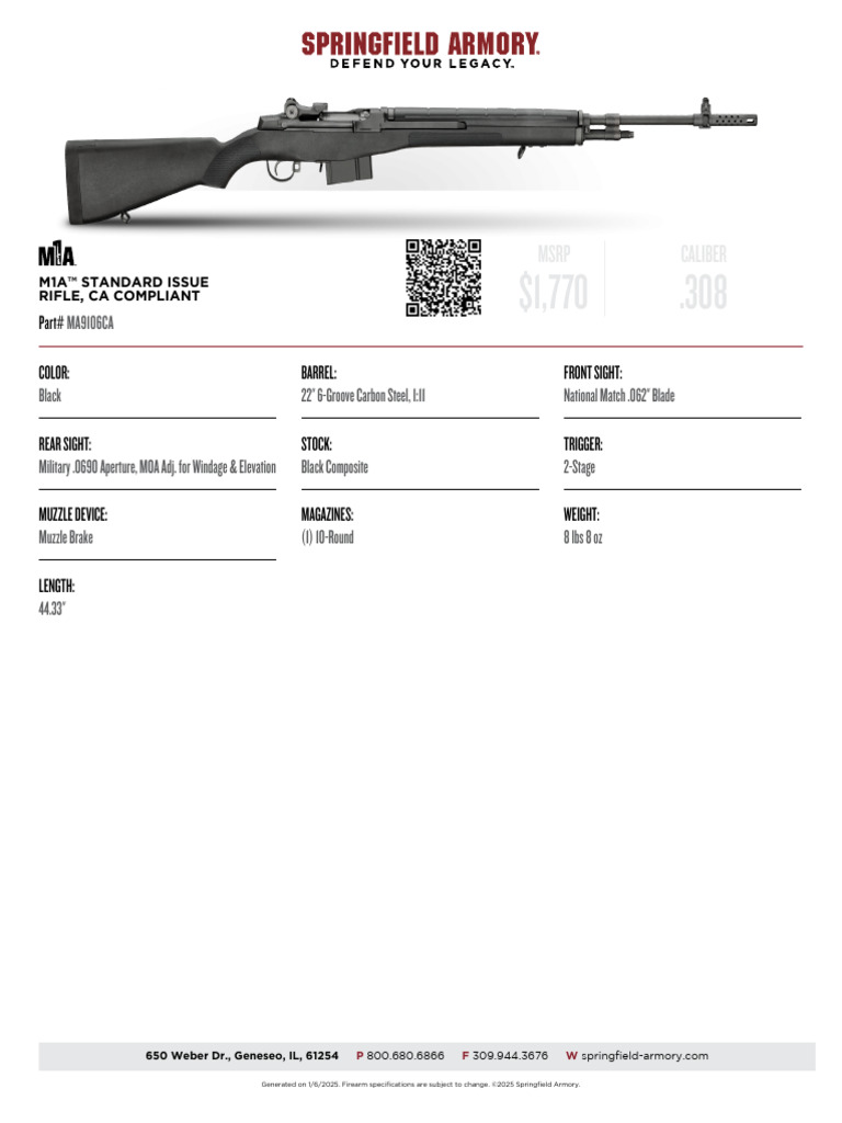 Springfield Armory M1a Standard Issue 7 62 Black Ca Compliant Specs | PDF