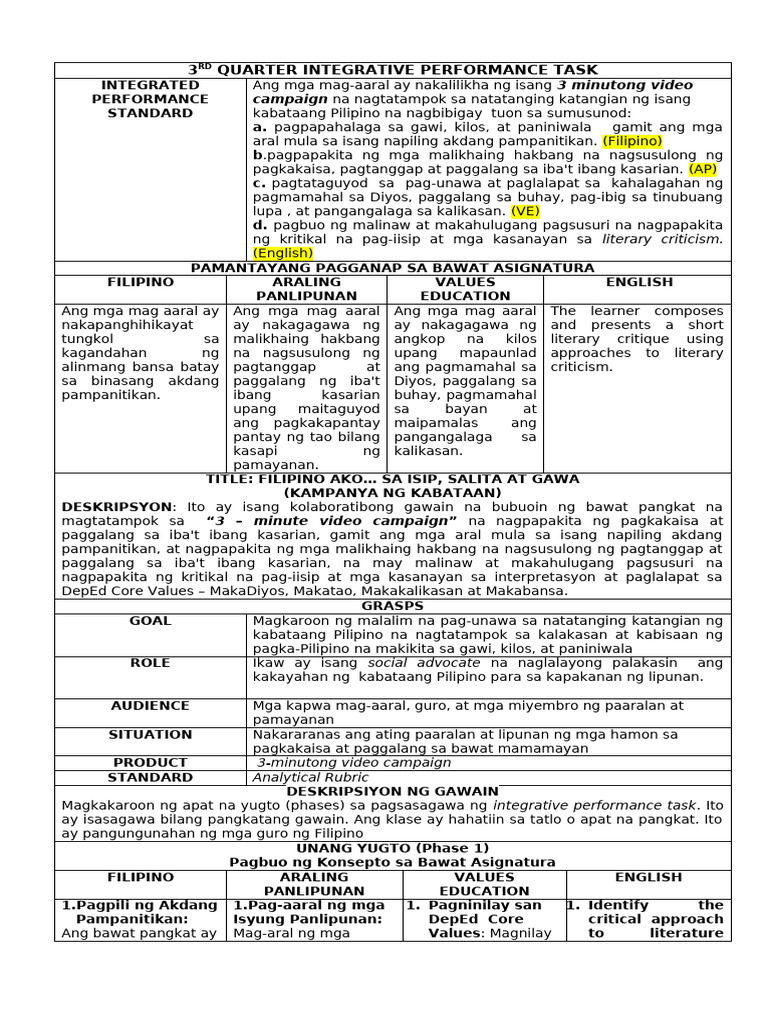 3RD - QTR - Performance Task - Merged With Ap English Filipino and Values Ed - Final | PDF