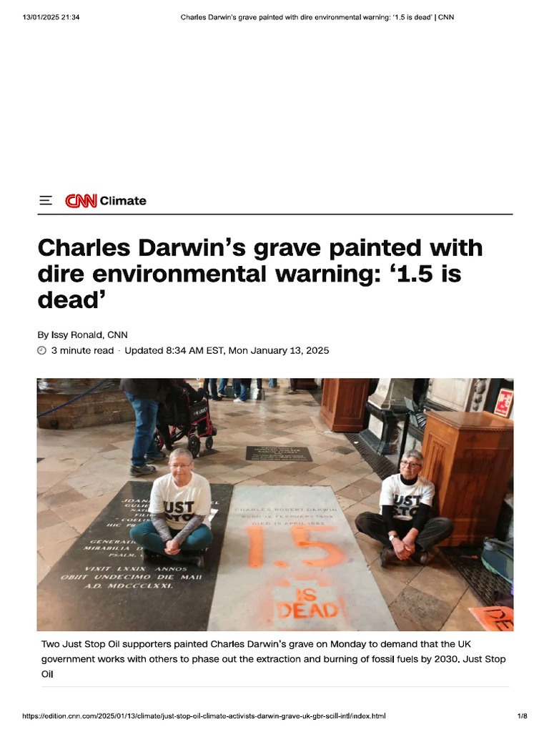 Charles Darwin’s grave painted with dir...ronmental warning_ ‘1.5 is ...