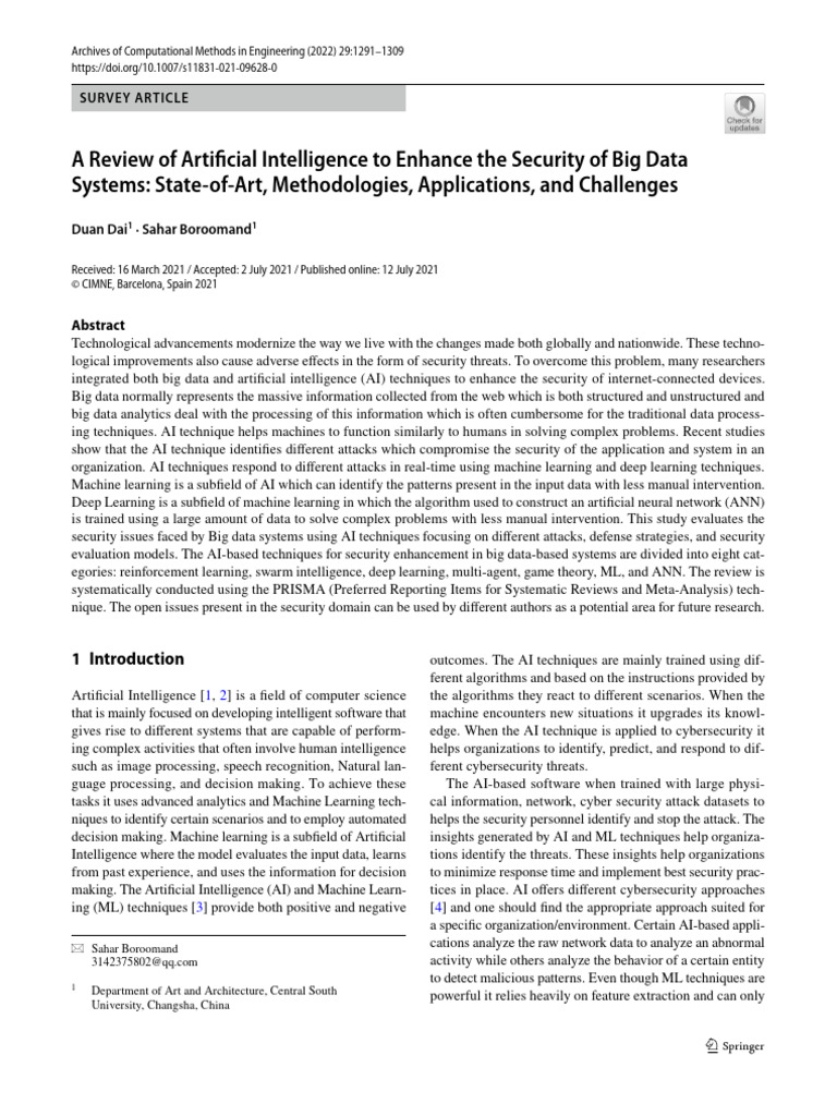 A Review of Artificial Intelligence to Enhance the Security of Big Data Systems- State-of-Art ...