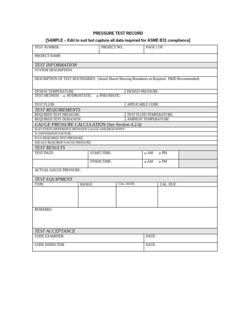 Pressure Test Sample Form R2 | PDF