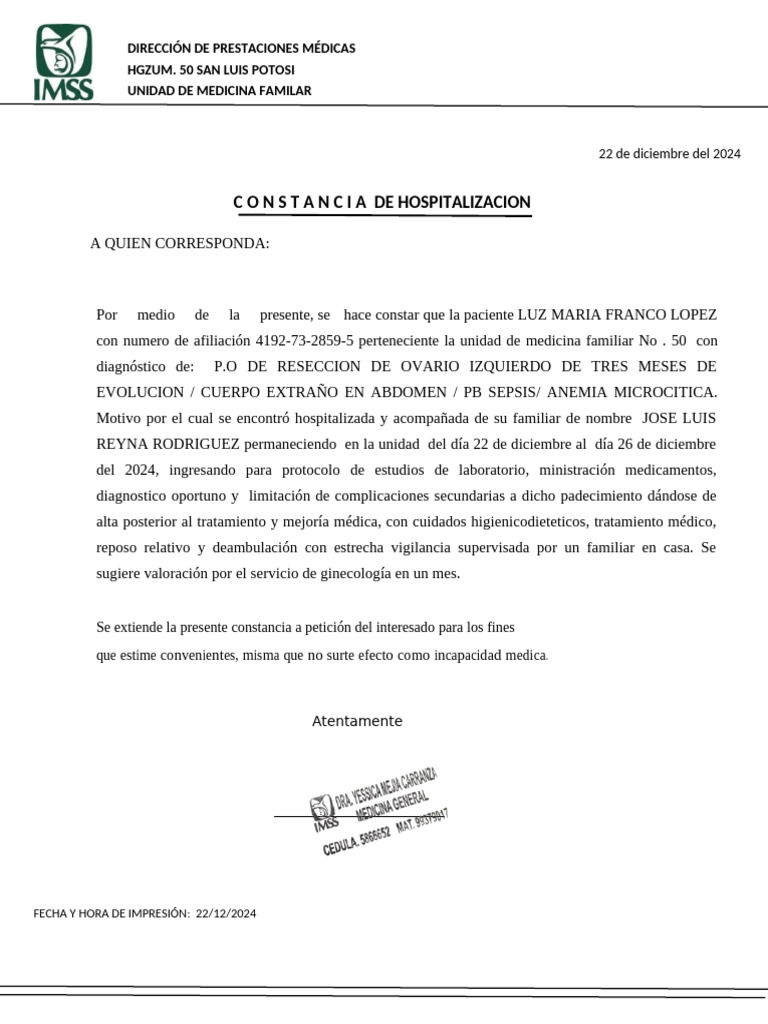 Constancia de Hospitalización Médica | PDF