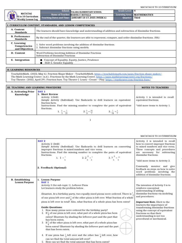 DLL Matatag - Math 4 Q3 W6 | PDF | Subtraction | Learning