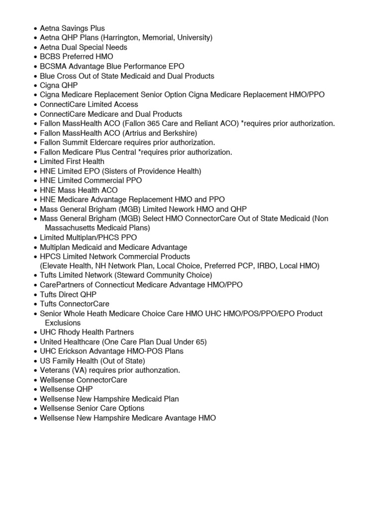 Harrington Hospital/UMass Memorial List of Unaccepted Insurances | PDF