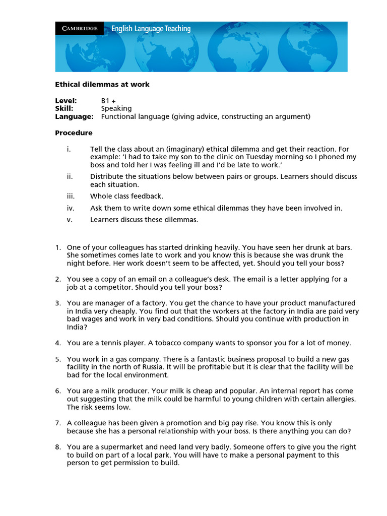 Ethical Dilemmas in the Workplace | PDF