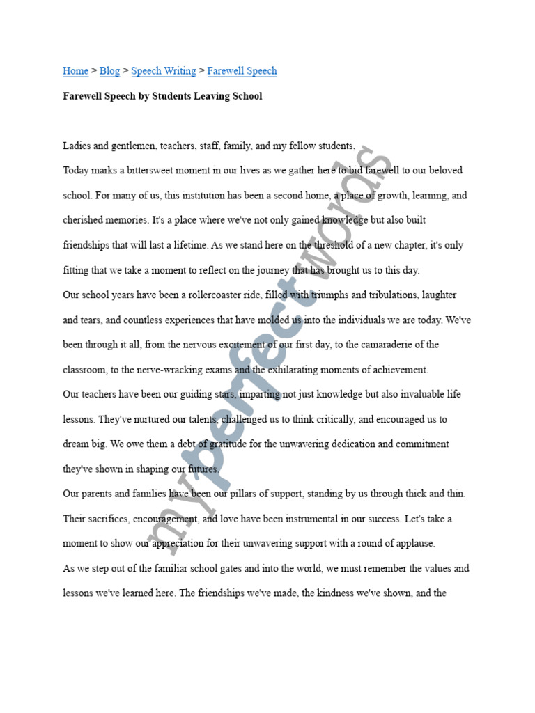Farewell Speech by Students Leaving School PDF | PDF