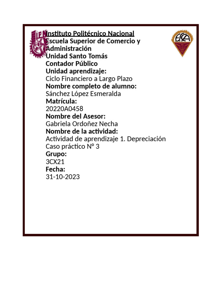 S__nchez_L__pez_Esmeralda__Caso_practico_3_DEPRECIACION.xls | PDF | Depreciación | Contabilidad