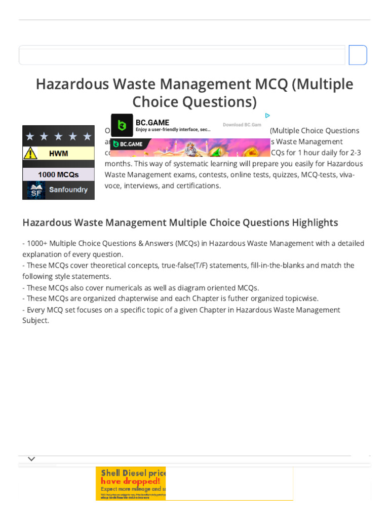 Hazardous Waste Management MCQ (Multiple Choice Questions) - Sanfoundry ...
