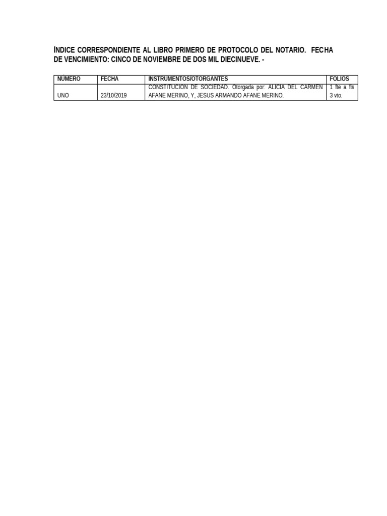 Índice Protocolo Notarial 2019 | PDF