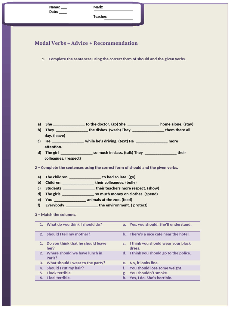 Modal Homework 7 should modal-verbs-advice + student | PDF