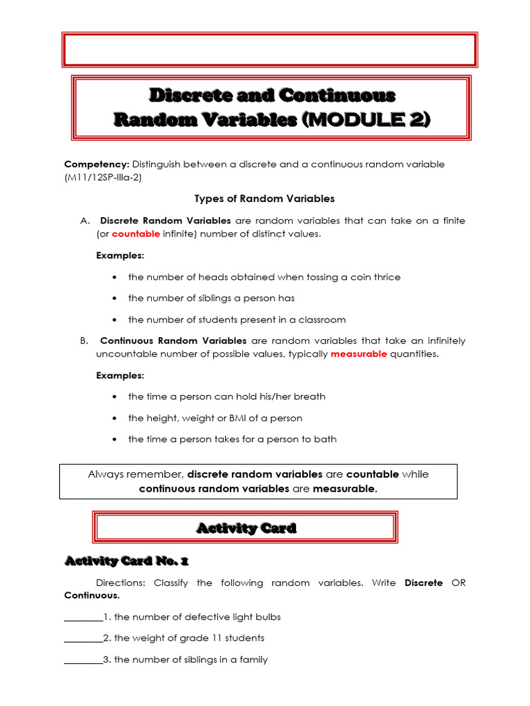 Discrete vs Continuous Random Variables | PDF | Probability Distribution | Random Variable