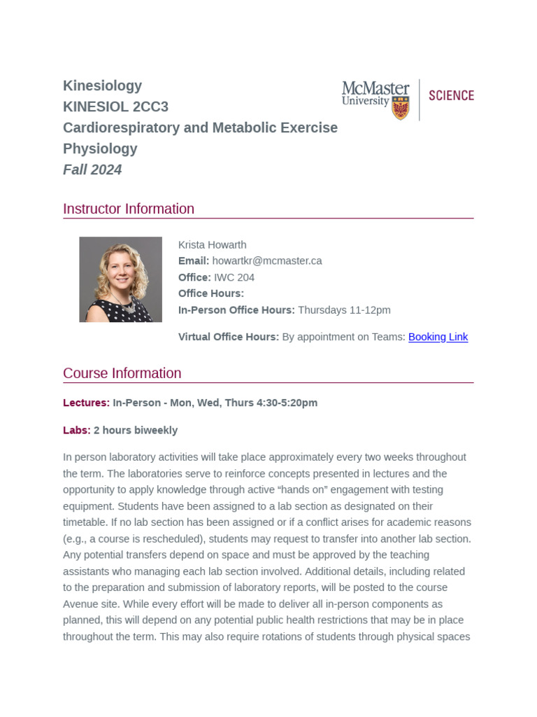 Fall 2024 KINESIOL 2CC3 C01 HOWARTKR Cardiorespiratory and Metabolic ...