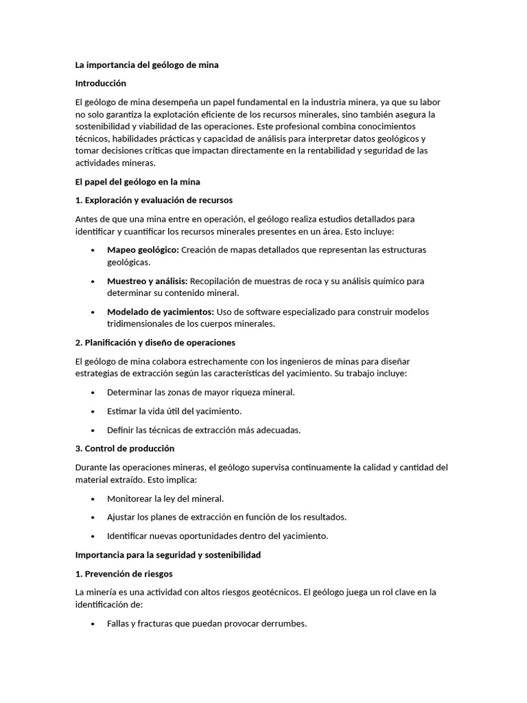 Rol del Geólogo de Mina en Minería | PDF | Minería | Geología