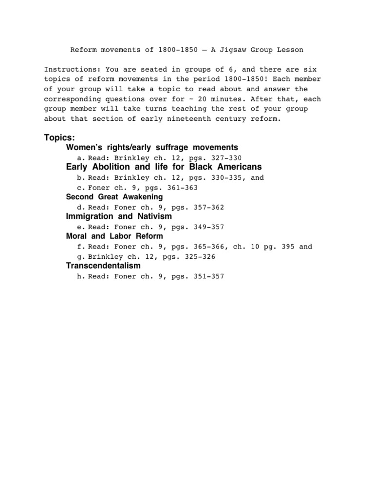 Unit 2 Period 4 Reform Jigsaw Lesson | PDF | Abolitionism In The United ...