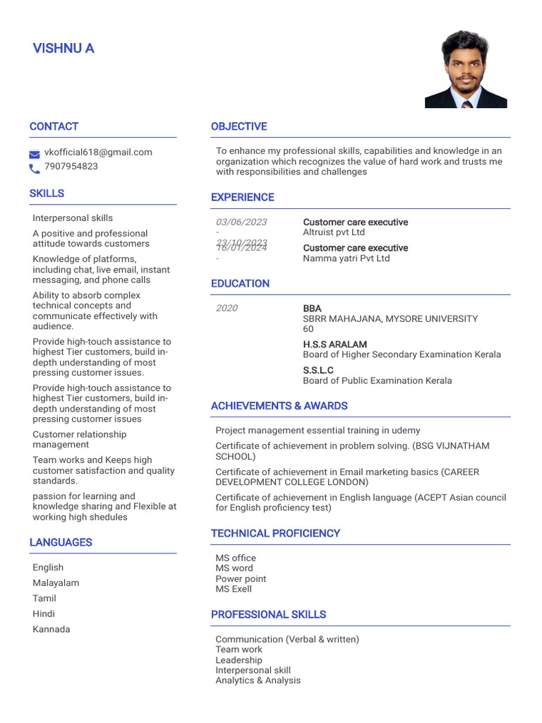 viShnu cv | PDF | Skill | Human Communication