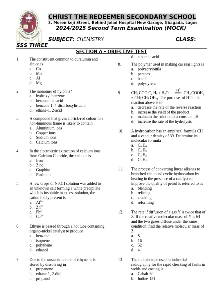 CHemistry Mock AND SS2 SECOND TERM | PDF | Chemical Reactions | Chemical Equilibrium