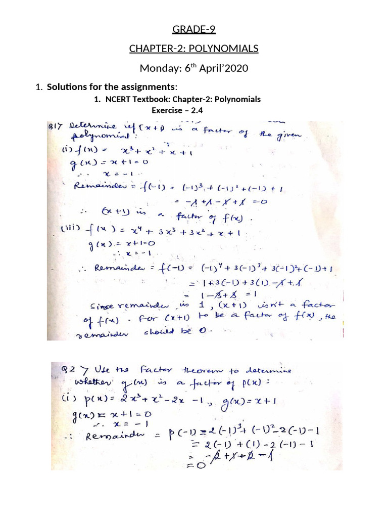 Grade-9 Math Ch-2 Polynomials-Solutions-6th April - 2020 | PDF