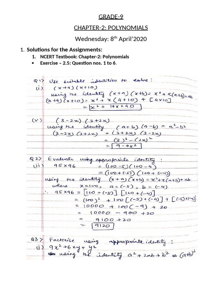 Grade-9 Math Ch-2 Polynomials-Solutions-8th April - 2020 | PDF