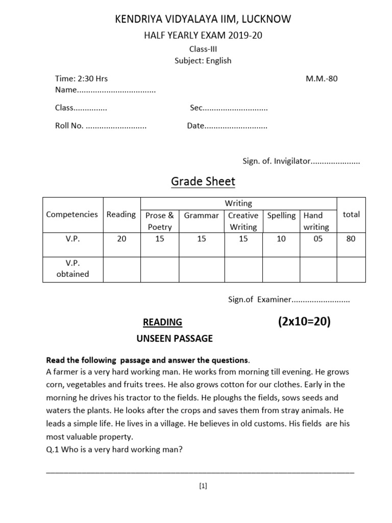 KVS Class 3 Half Yearly Exam Paper | PDF | Agriculture