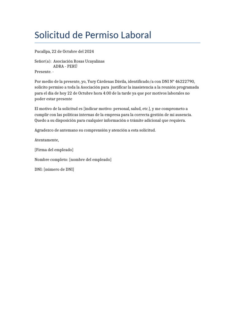 Modelo Solicitud Permiso Laboral Peru Word | PDF