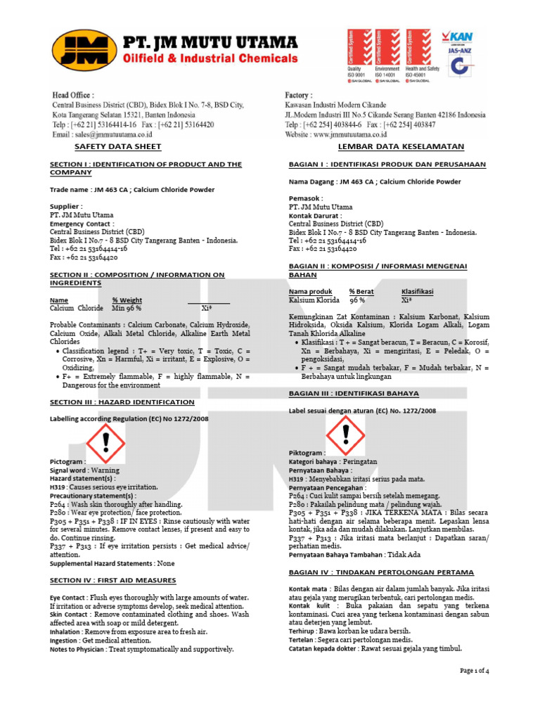 SDS - Calcium Chloride Powder JM MUTU | PDF