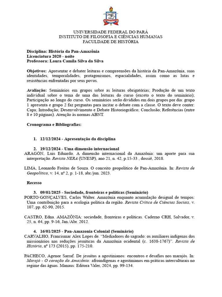 Ementa História da Pan-Amazônia | PDF | Floresta Amazônica | Bolívia