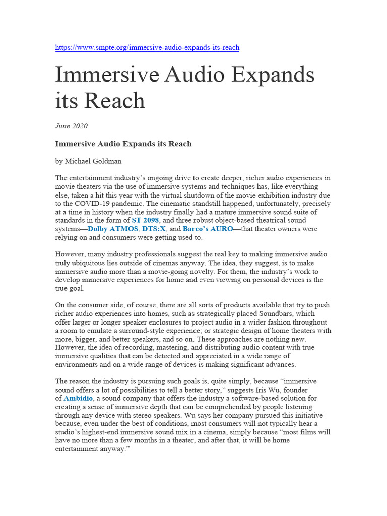 Immersive Audio Expands Its Reach | PDF | Sound | Sound Technology