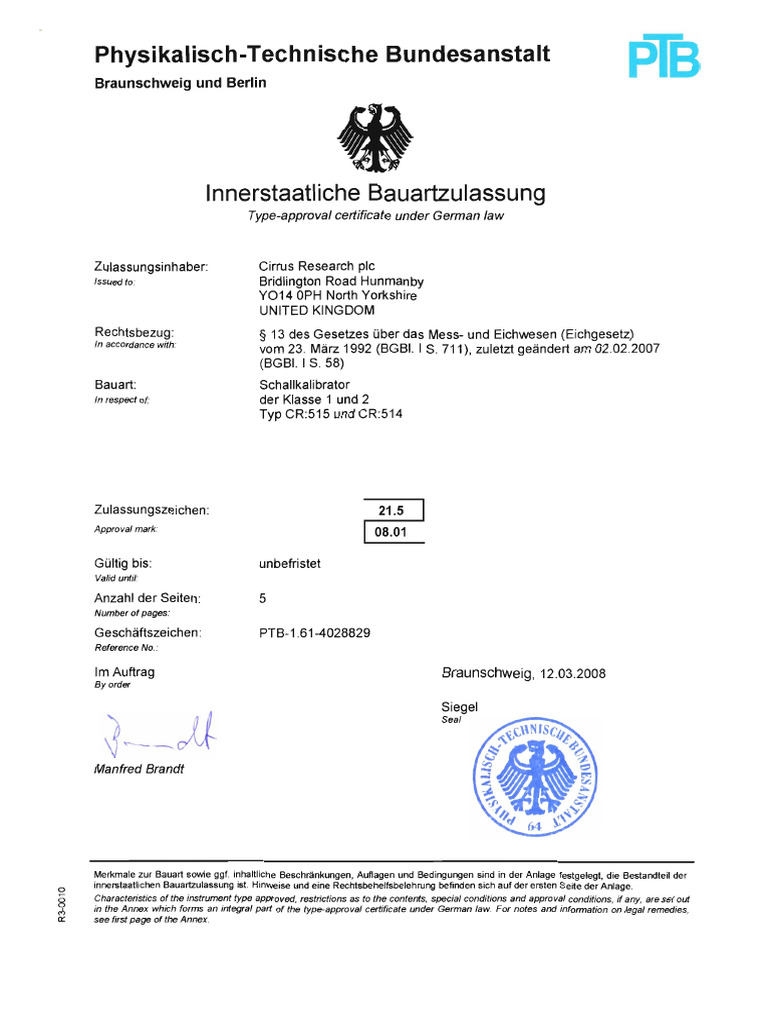 CR514 CR515 PTB Certificate | PDF