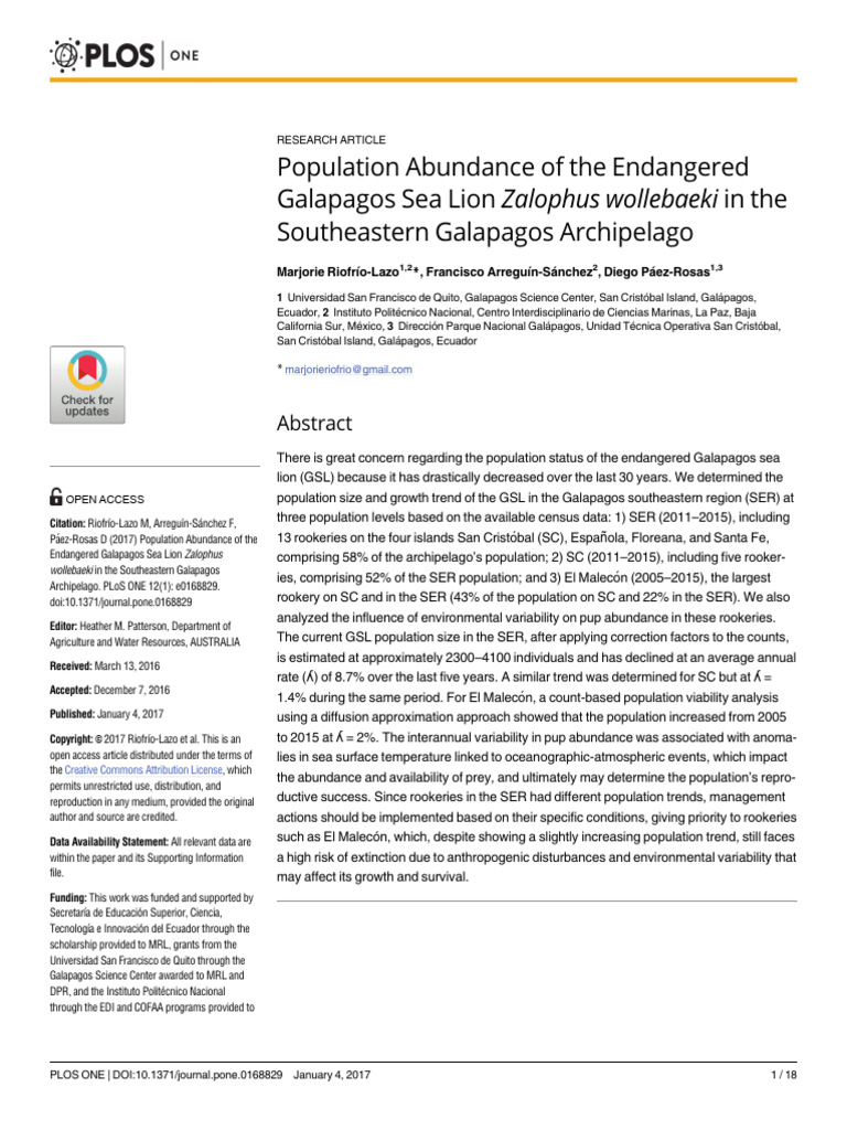 Riofrío-Lazo Et Al. - 2017 - Population Abundance of The Endangered Galapagos S | PDF ...