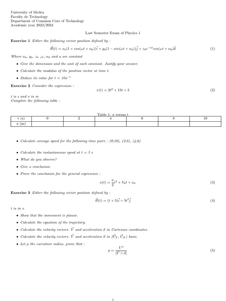Final Exam Physics 1 L1 ST SM | PDF | Acceleration | Euclidean Vector