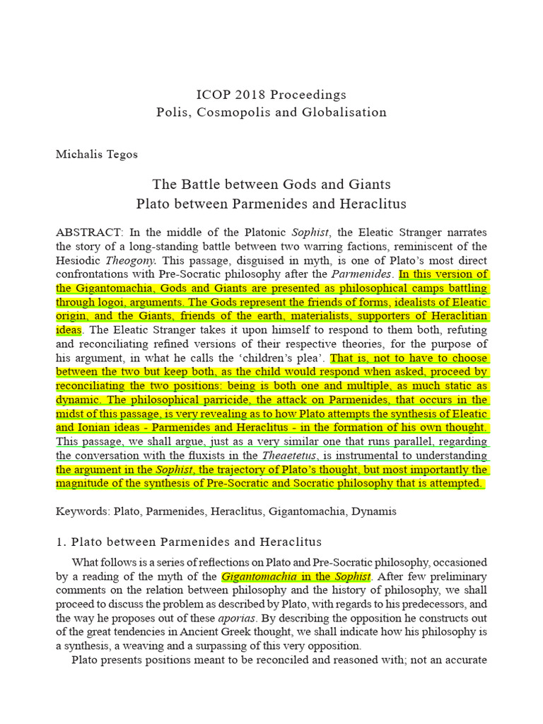 Plato Between Parmenides and Heraclitus-Battle Between Giants and Gods ...