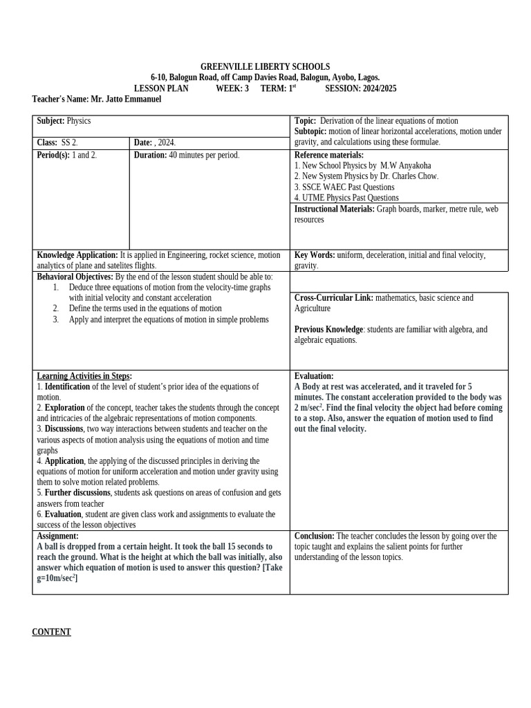 Physics S2 WK 3 Firstterm | PDF | Acceleration | Equations Of Motion