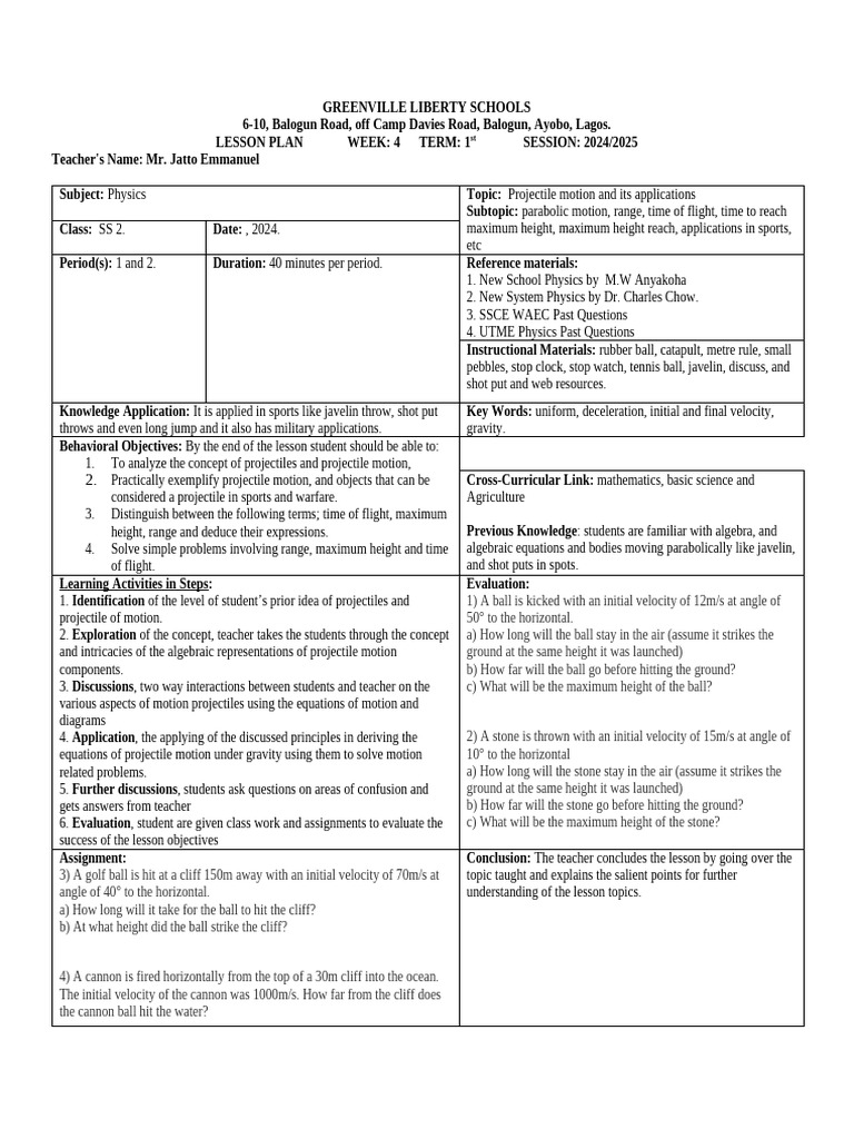 SS2 Physics: Projectile Motion Lesson | PDF | Projectiles | Mechanics