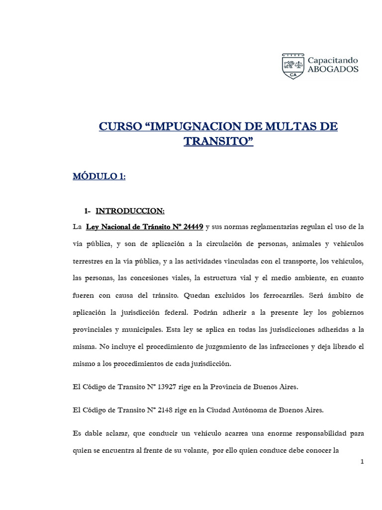 Modulo 1 Impugnacion de Multas de Transito | PDF | Multa (pena) | Tráfico