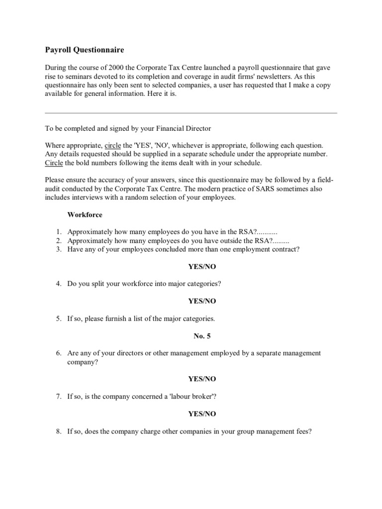 Payroll Questionnaire | Payroll | Employee Benefits