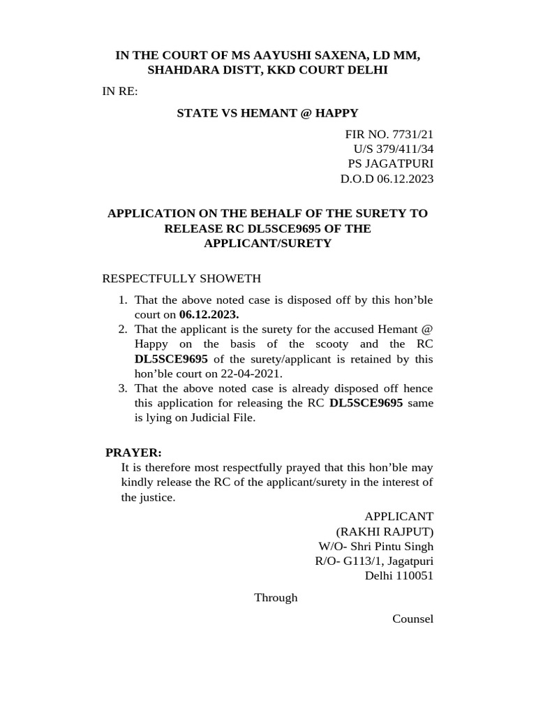 Application for Release of RC DL5SCE9695 | PDF