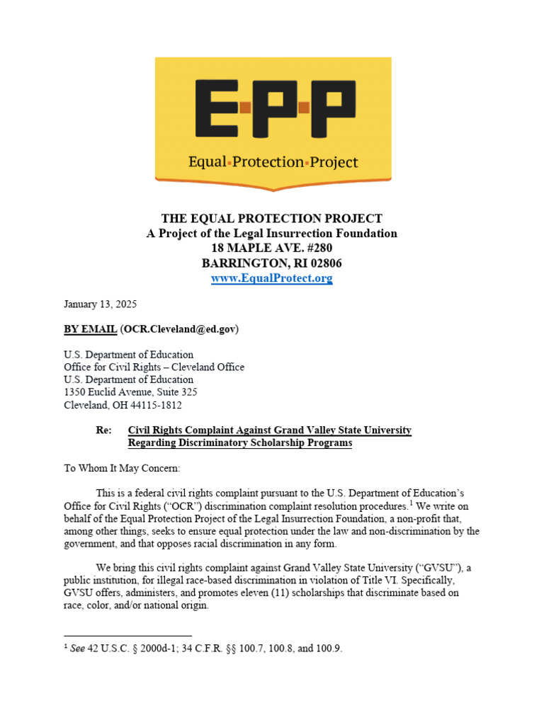 OCR Complaint Grand Valley State University | PDF | Equal Protection Clause | Strict Scrutiny
