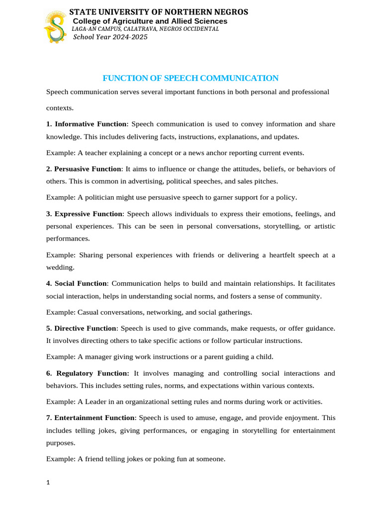 Functions and Characteristics of Speech Communication | PDF ...