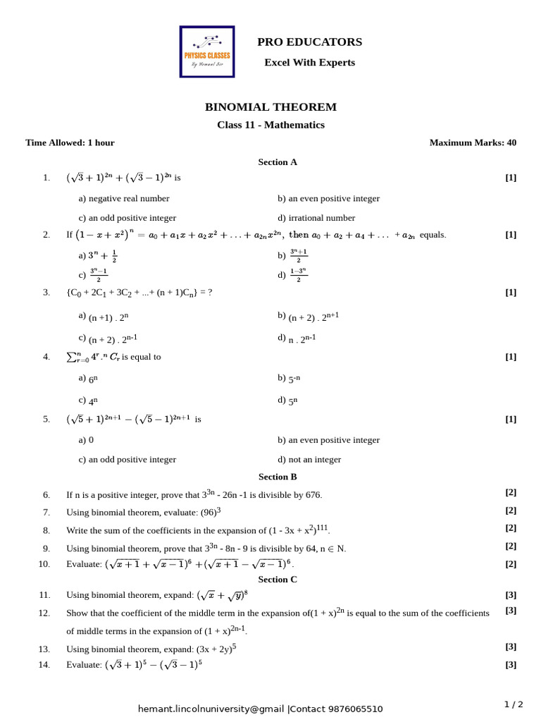 Binomial Theorem Class 11 Guide | PDF | Number Theory | Numbers