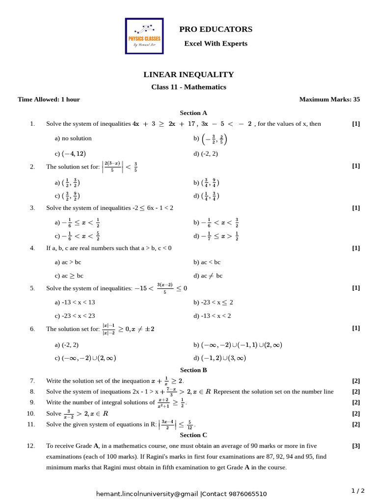 Class 11 CBSE Linear Inequalities Test - 35 Marks | PDF | Arithmetic ...