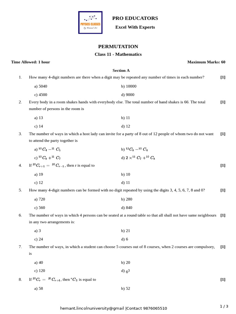 Class 11 Math Permutation Exam | PDF | Consonant
