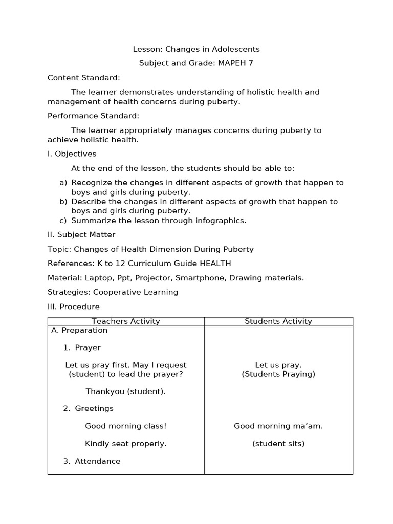 Lesson Plan Adolescence | PDF | Sex | Puberty