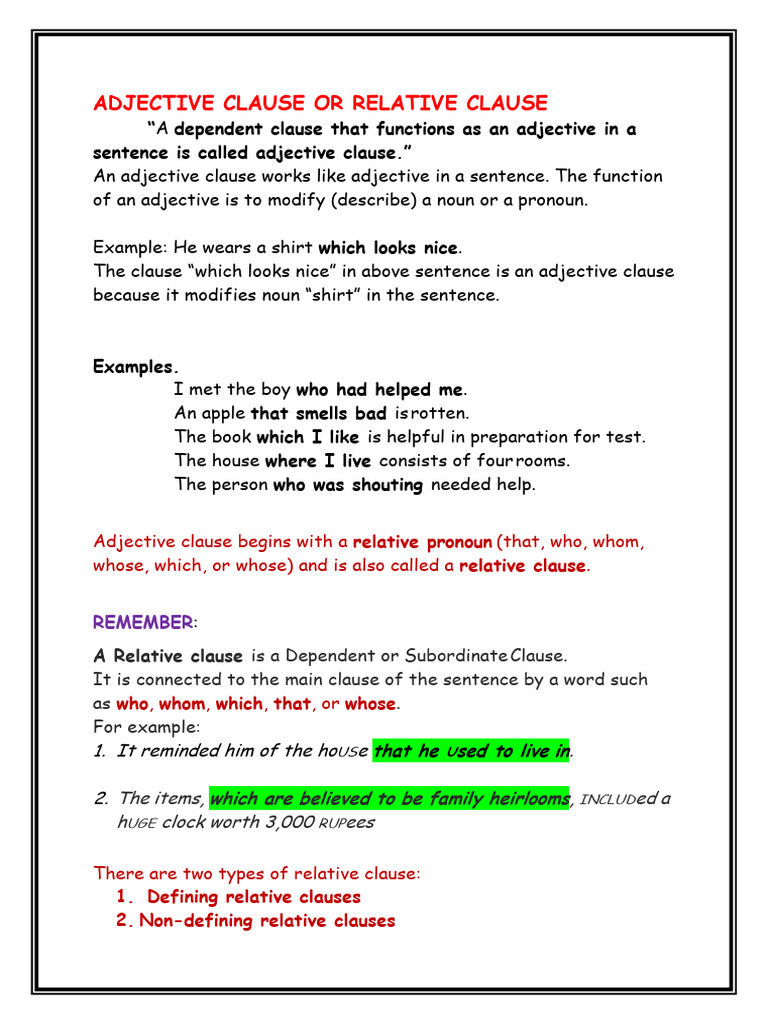 ENGLISH RELATIVE CLAUSES | PDF | Adjective | Clause