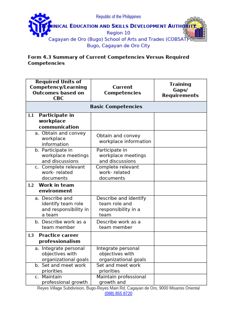 4 Form 4.3 - Summary of Current Competencies Vs Required Competencies ...