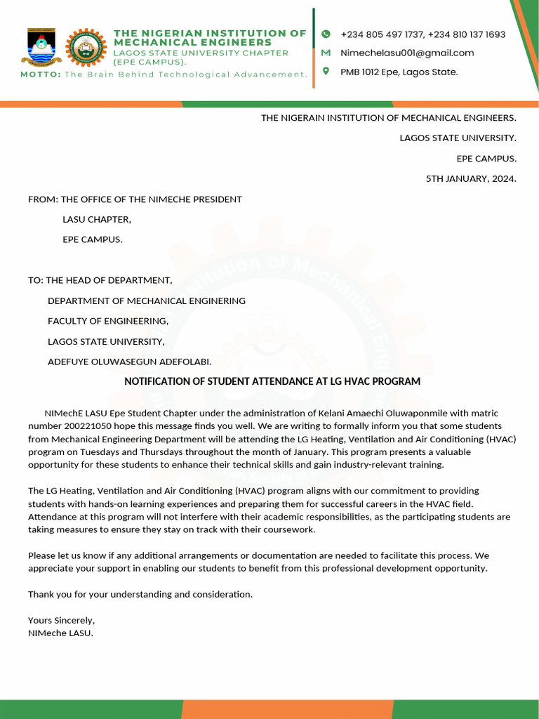Nimeche Letter For LG Hvac 02 | PDF