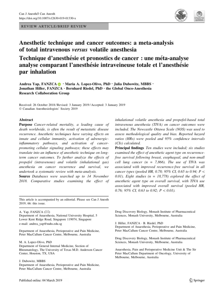 Anesthetic Technique and Cancer Outcomes - A Meta-Analysis of Total Intravenous Versus Volatile ...